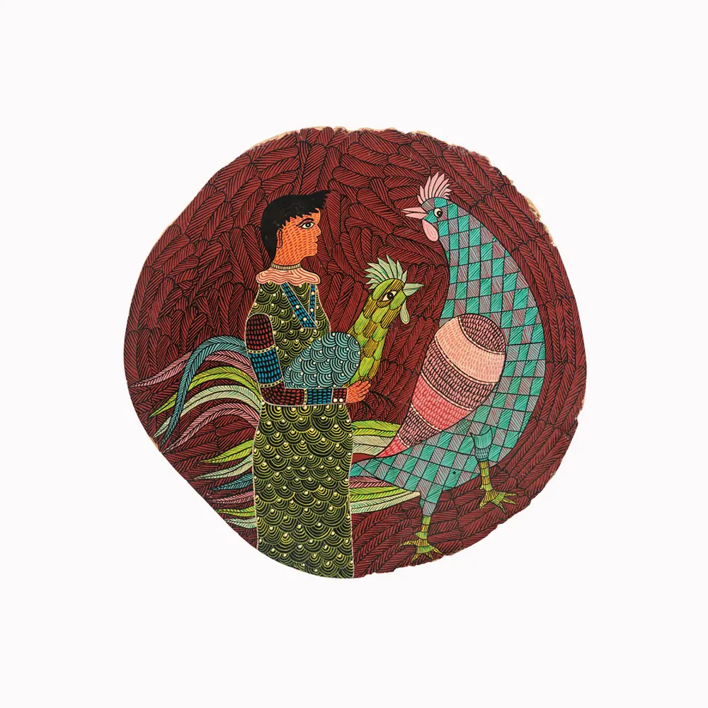 Gond painting on real wood of Priest with Rooster - Parodarsh