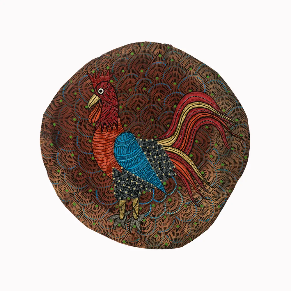 The mighty rooster in traditional Gond art on real wood - Parodarsh