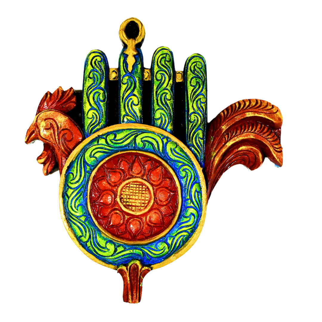 Ancient Hamsa symbol in wood with bright shades - Parodarsh