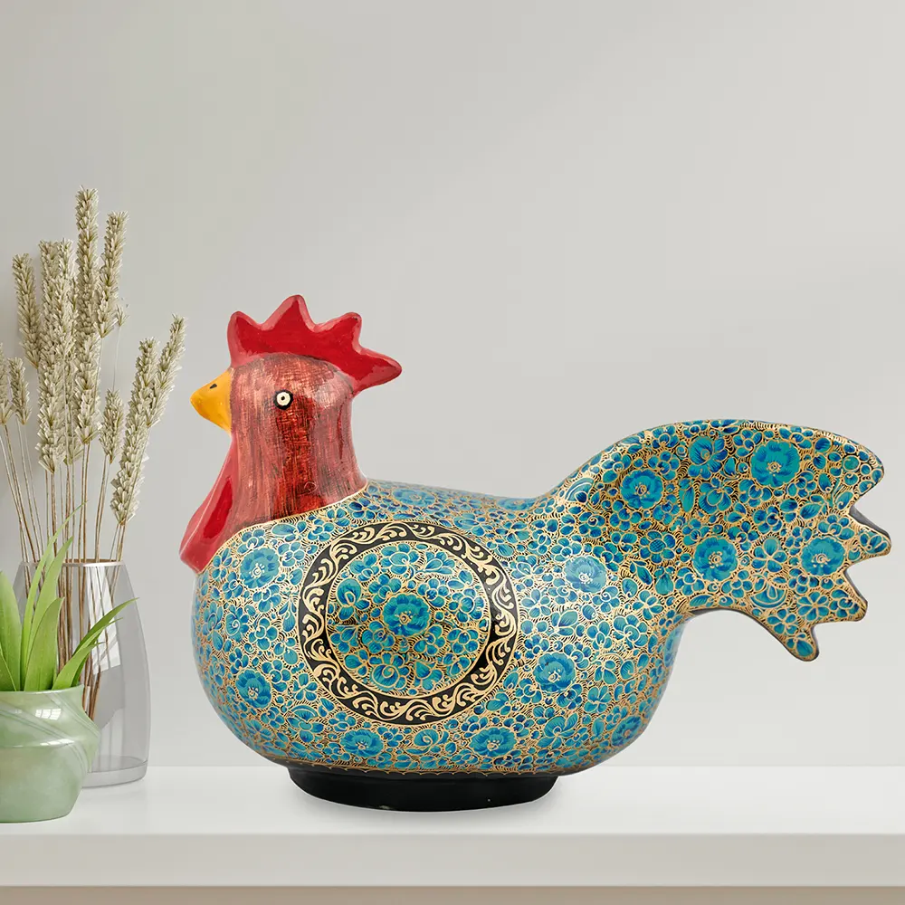 Bright ornamental handmade rooster in traditional Papier-mâché art ...