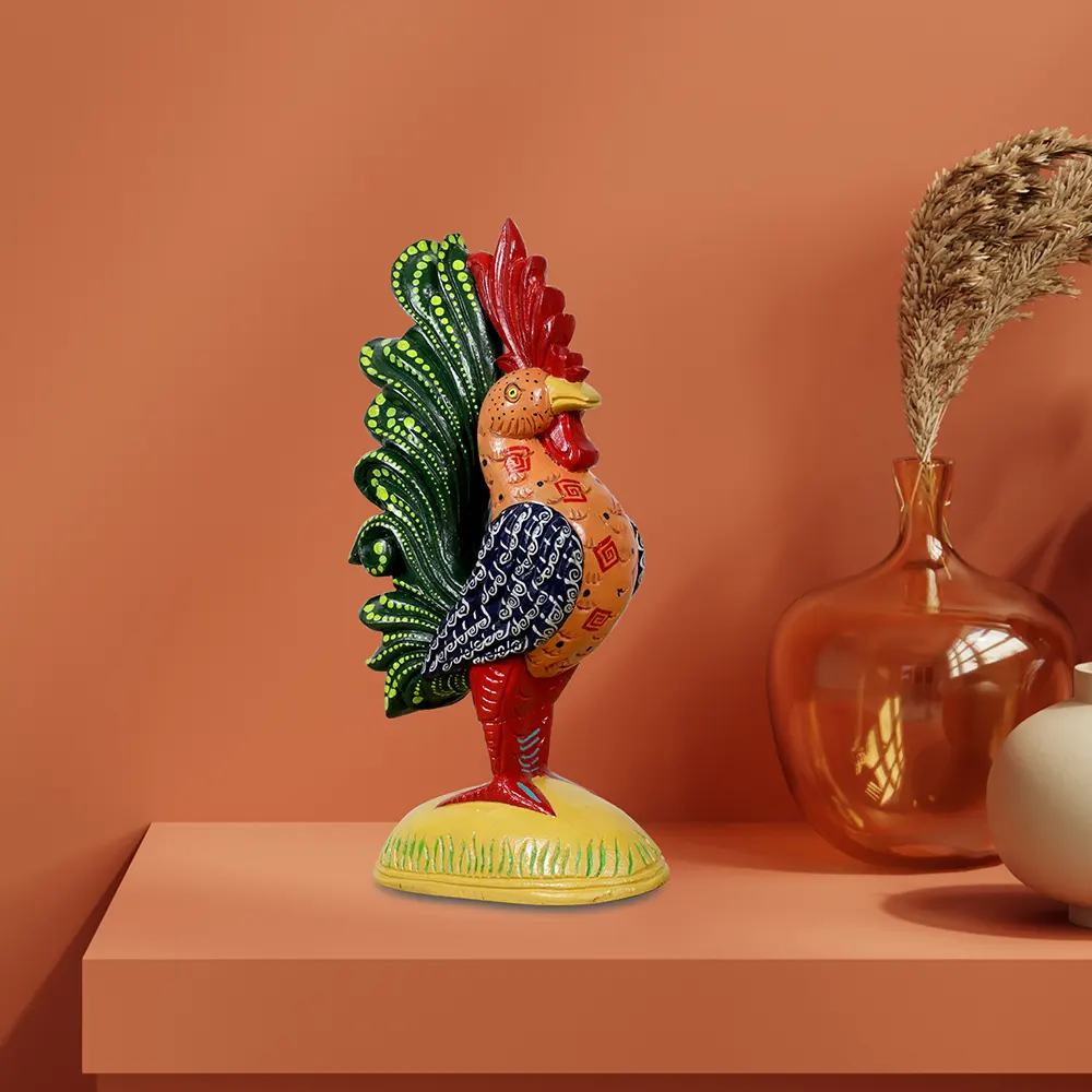 Hand carved wooden rooster in traditional colours - Parodarsh